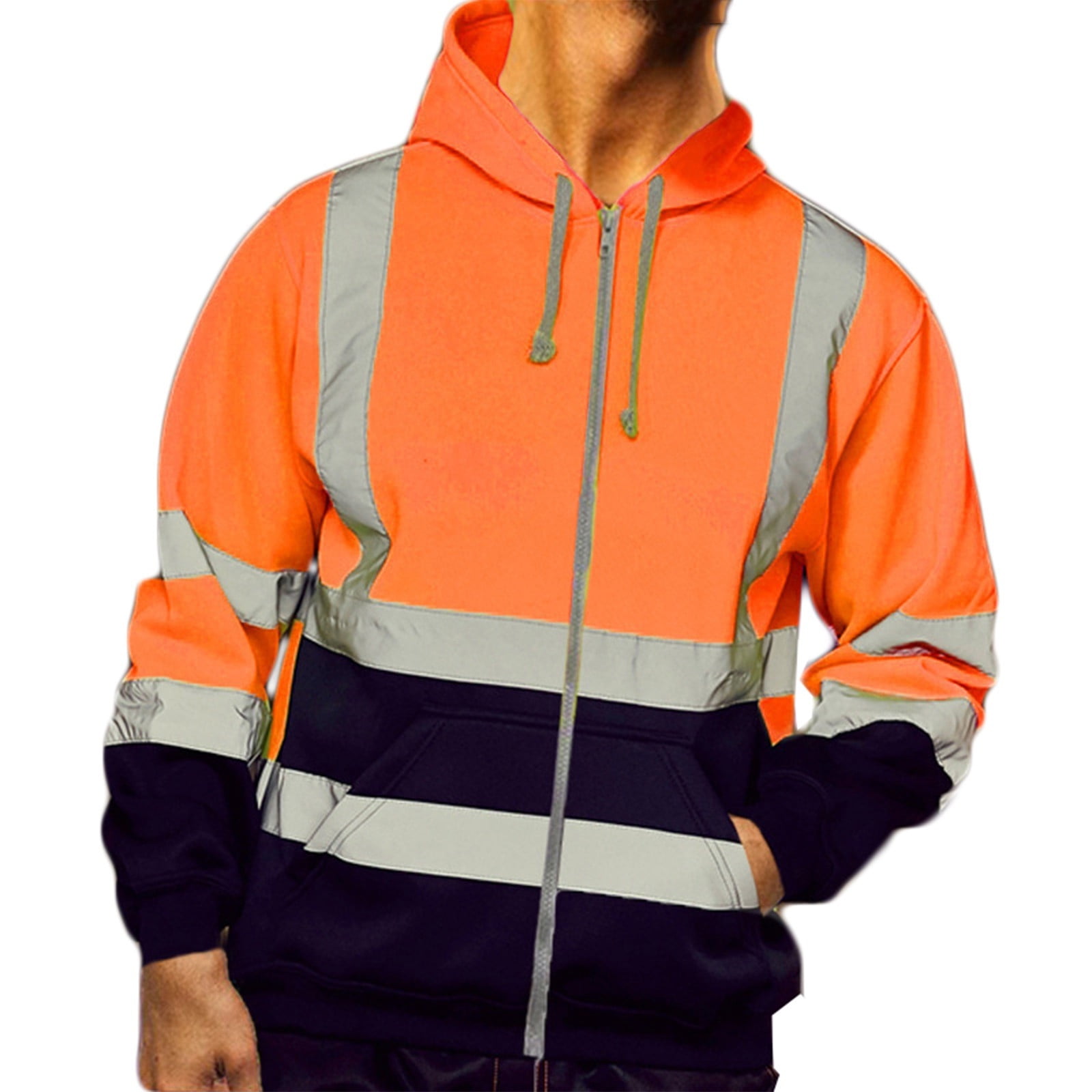 FAVIPT High Visibility Hoodie Men Safety Sweatshirt Class 3 Reflective Zippered Hooded ...