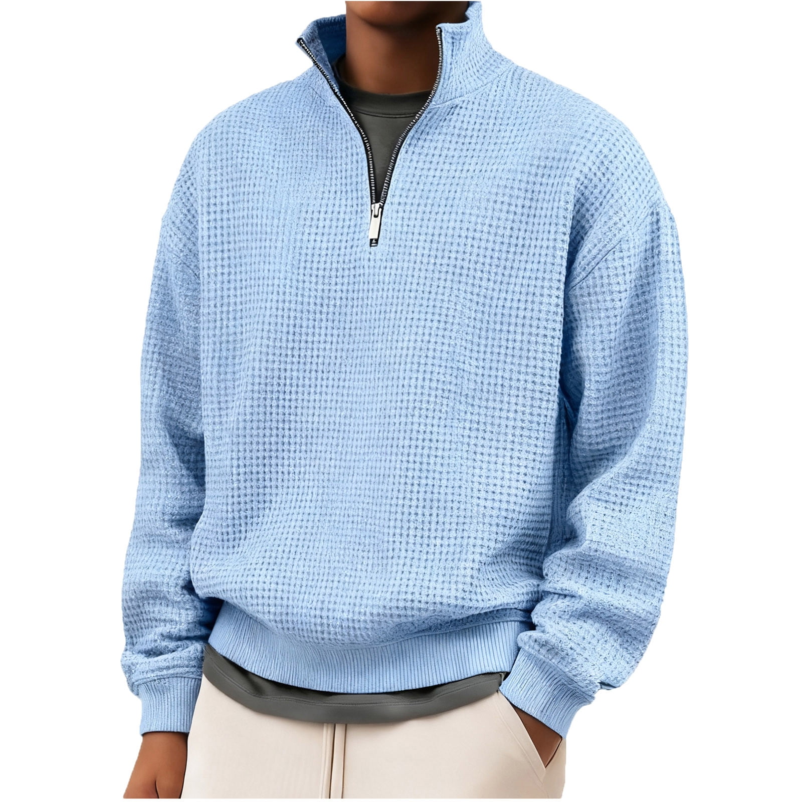 FAVIPT Long Sleeve Golf Pullover Men Waffle Knit Stand Collar ...
