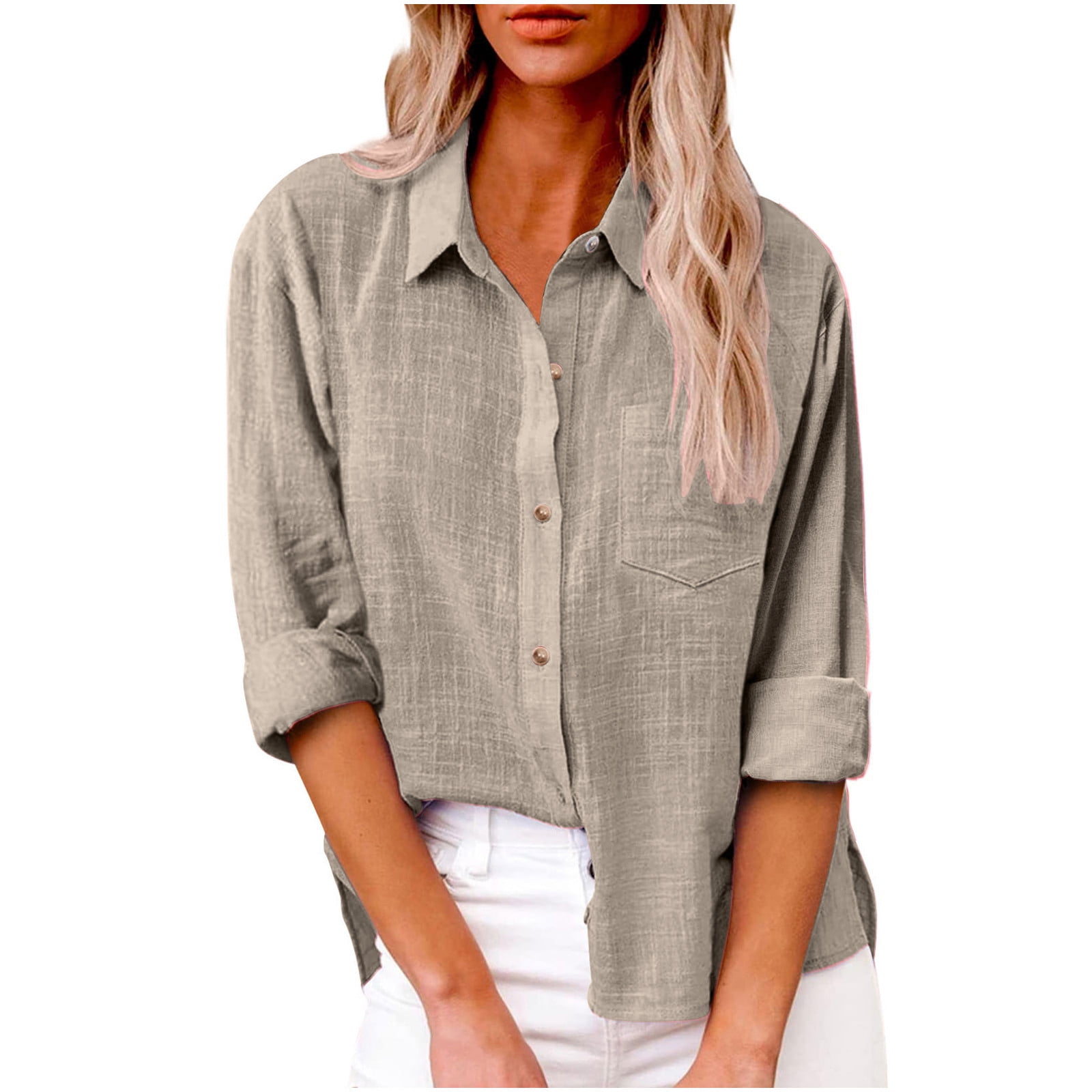 FAVIPT Long Sleeve Linen Shirt Women Plus Size Summer Lapel Button Down Shirts Lightweight Gauze ...