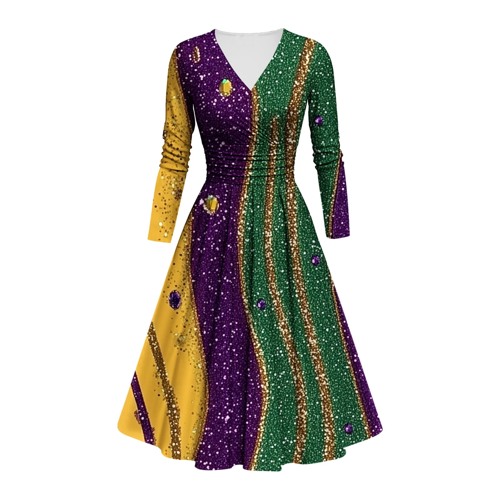 FAVIPT Mardi Gras Dress for Women Sparkly Dresses V Neck Long Sleeve ...