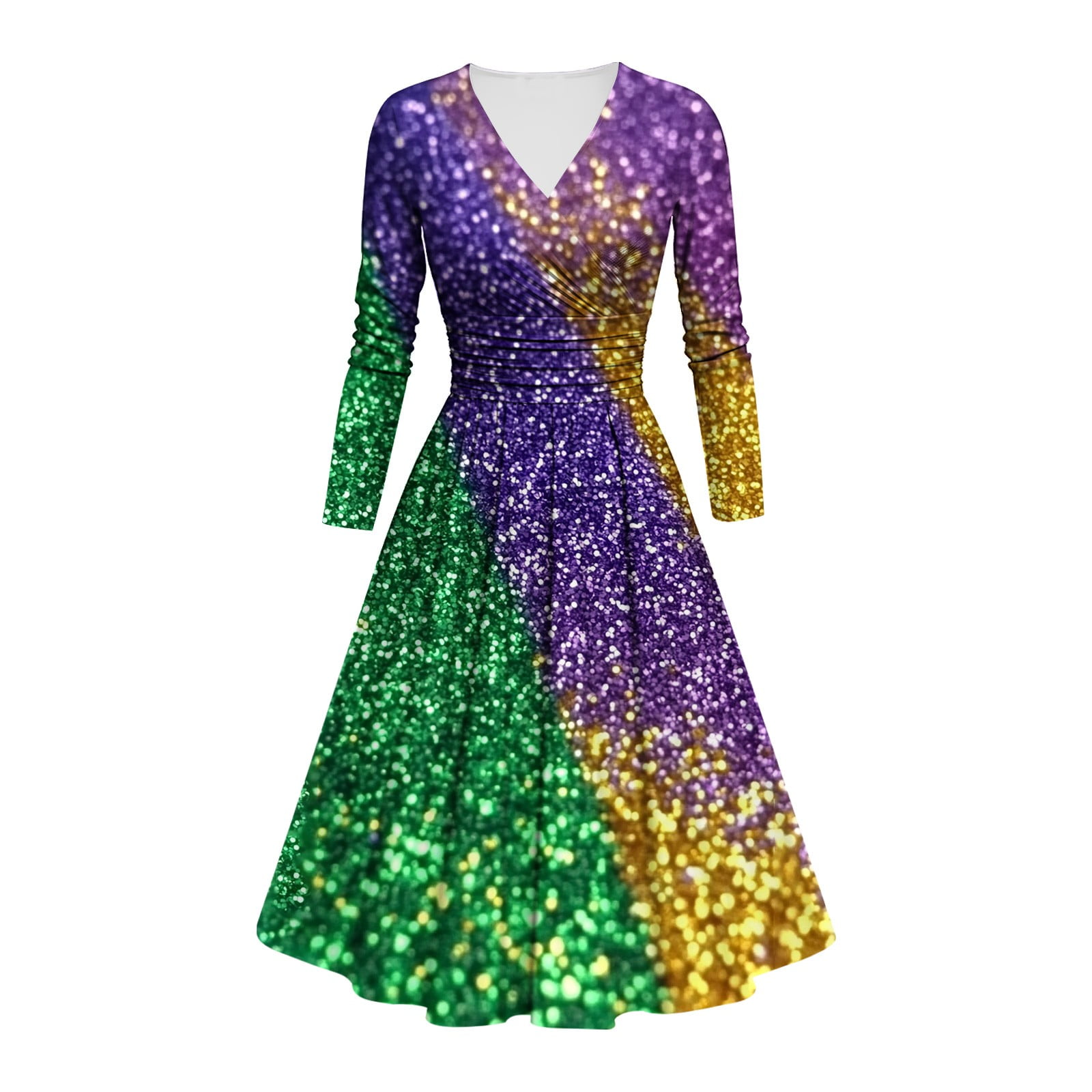 FAVIPT Mardi Gras Dress for Women Sparkly Dresses V Neck Long Sleeve ...