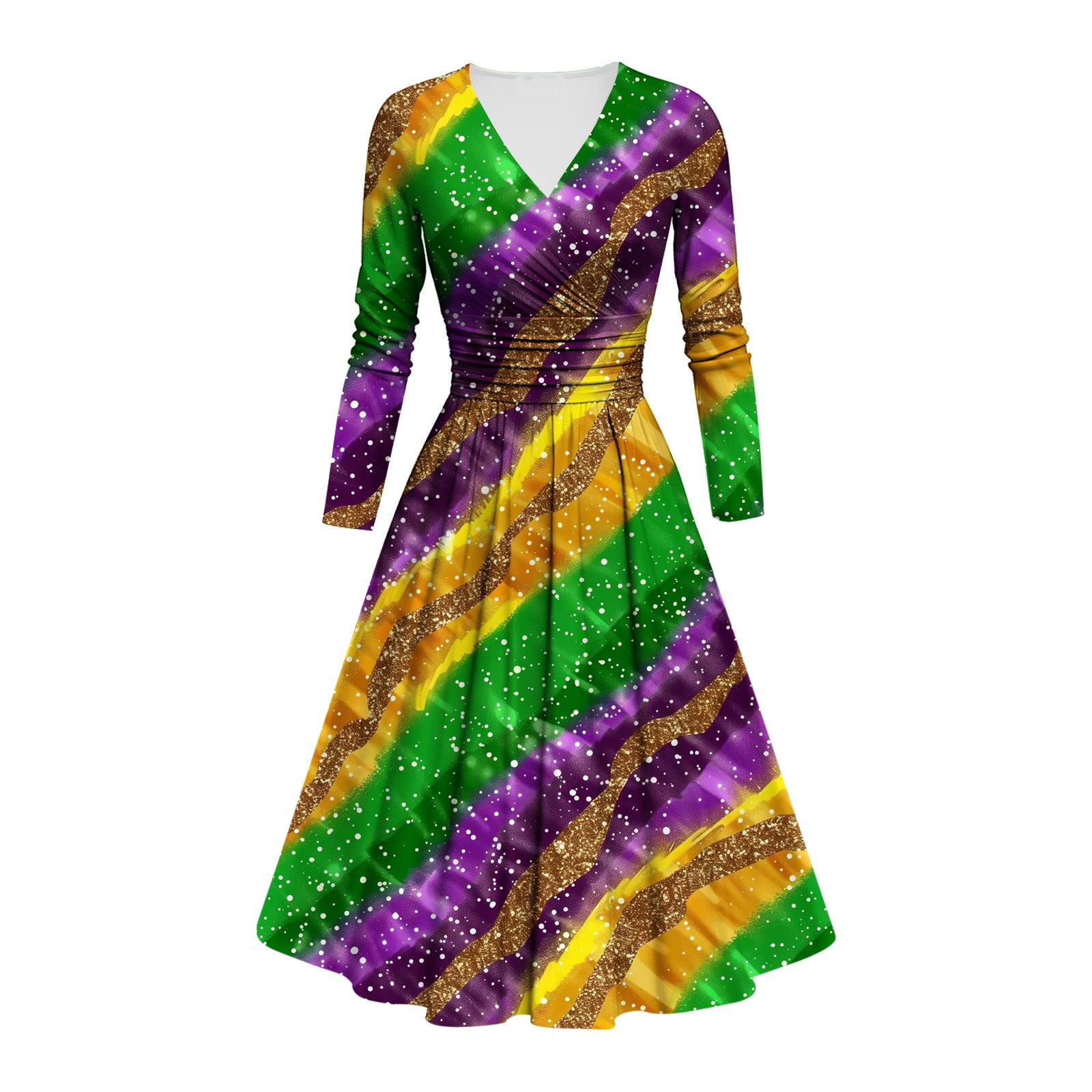 FAVIPT Mardi Gras Dress for Women V Neck Long Sleeve Carnival Printed ...
