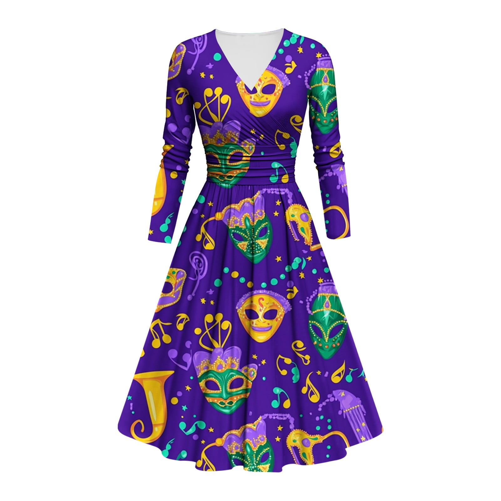 FAVIPT Mardi Gras Dress for Women V Neck Long Sleeve Carnival Printed ...