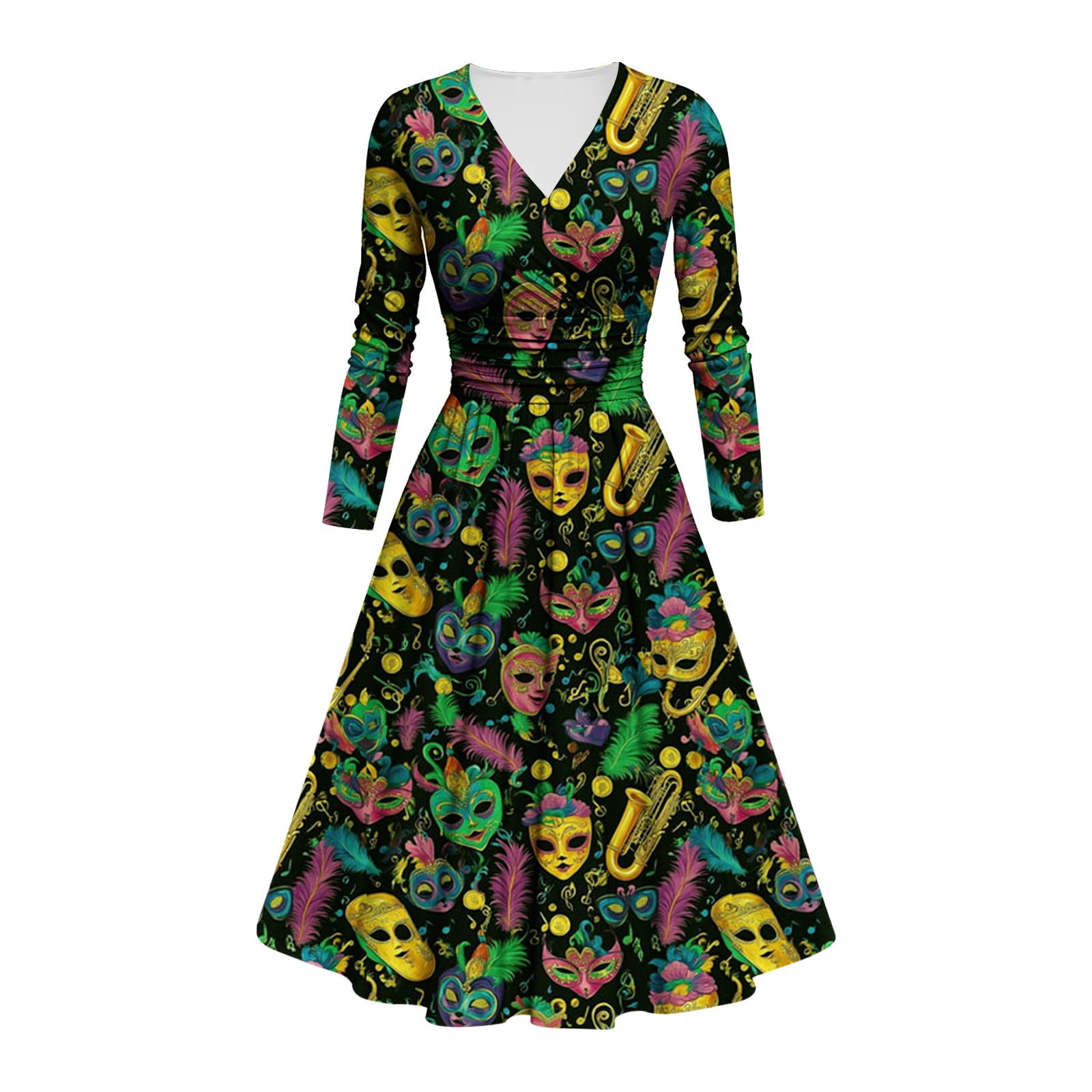 FAVIPT Mardi Gras Dress for Women V Neck Long Sleeve Carnival Printed ...