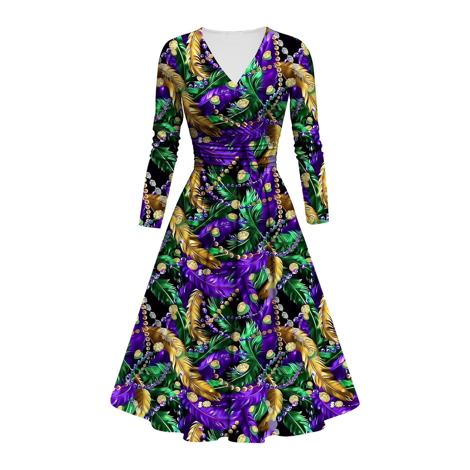 FAVIPT Mardi Gras Dress for Women V Neck Long Sleeve Carnival Printed ...