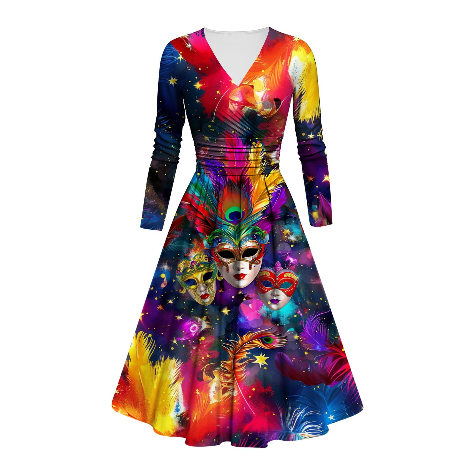 FAVIPT Mardi Gras Dress for Women V Neck Long Sleeve Carnival Printed ...