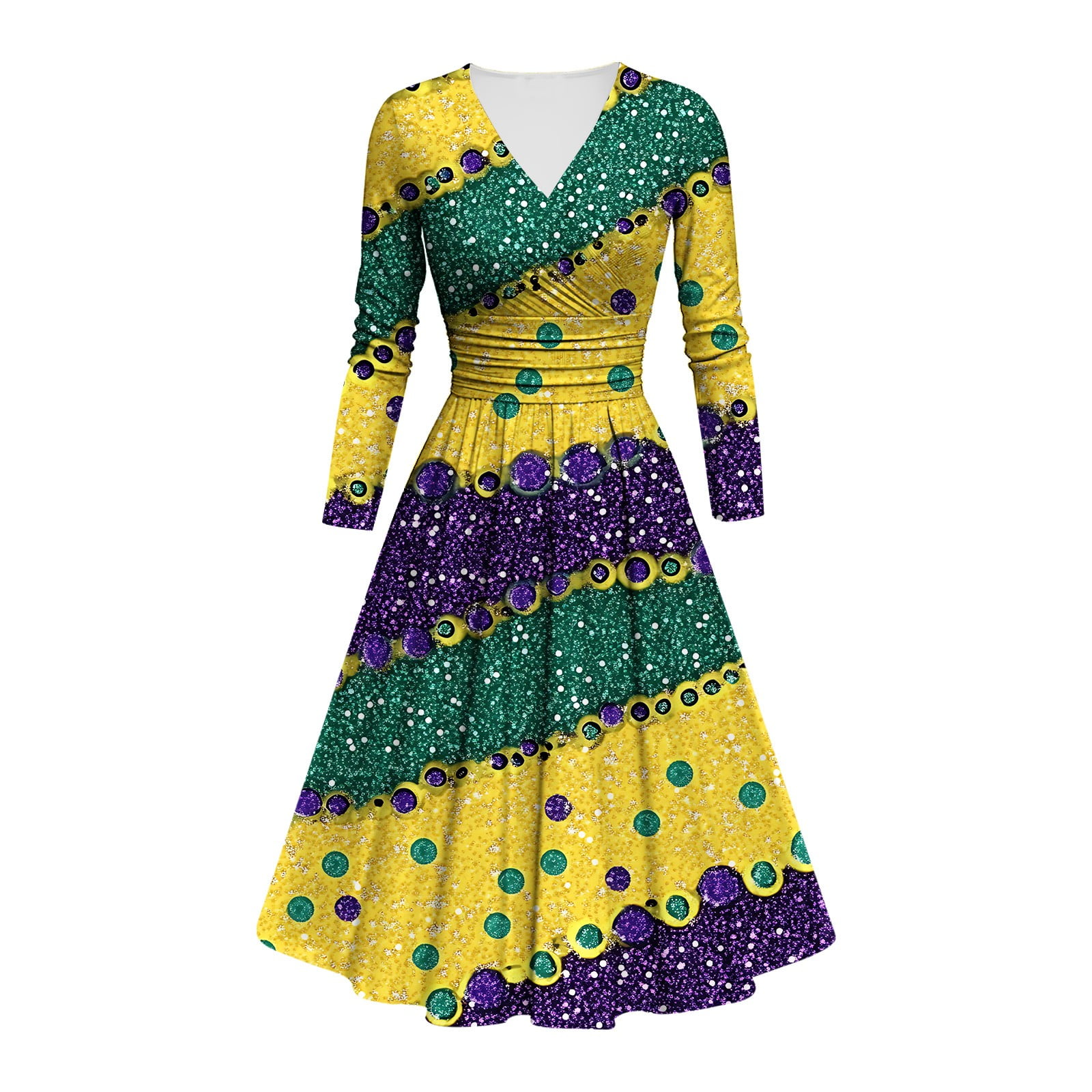 FAVIPT Mardi Gras Dress for Women V Neck Long Sleeve Carnival Printed ...