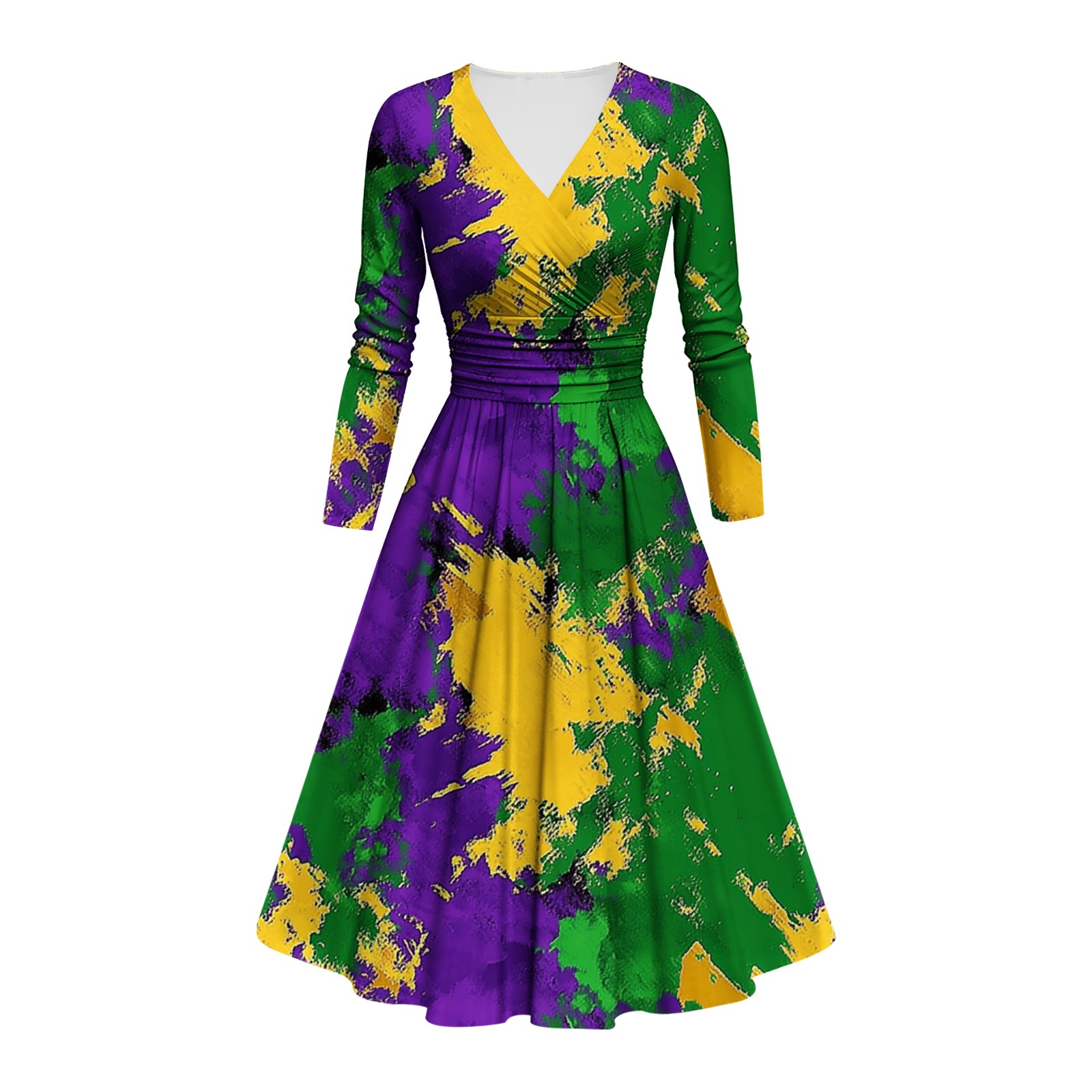 FAVIPT Mardi Gras Dress for Women V Neck Long Sleeve Carnival Printed ...
