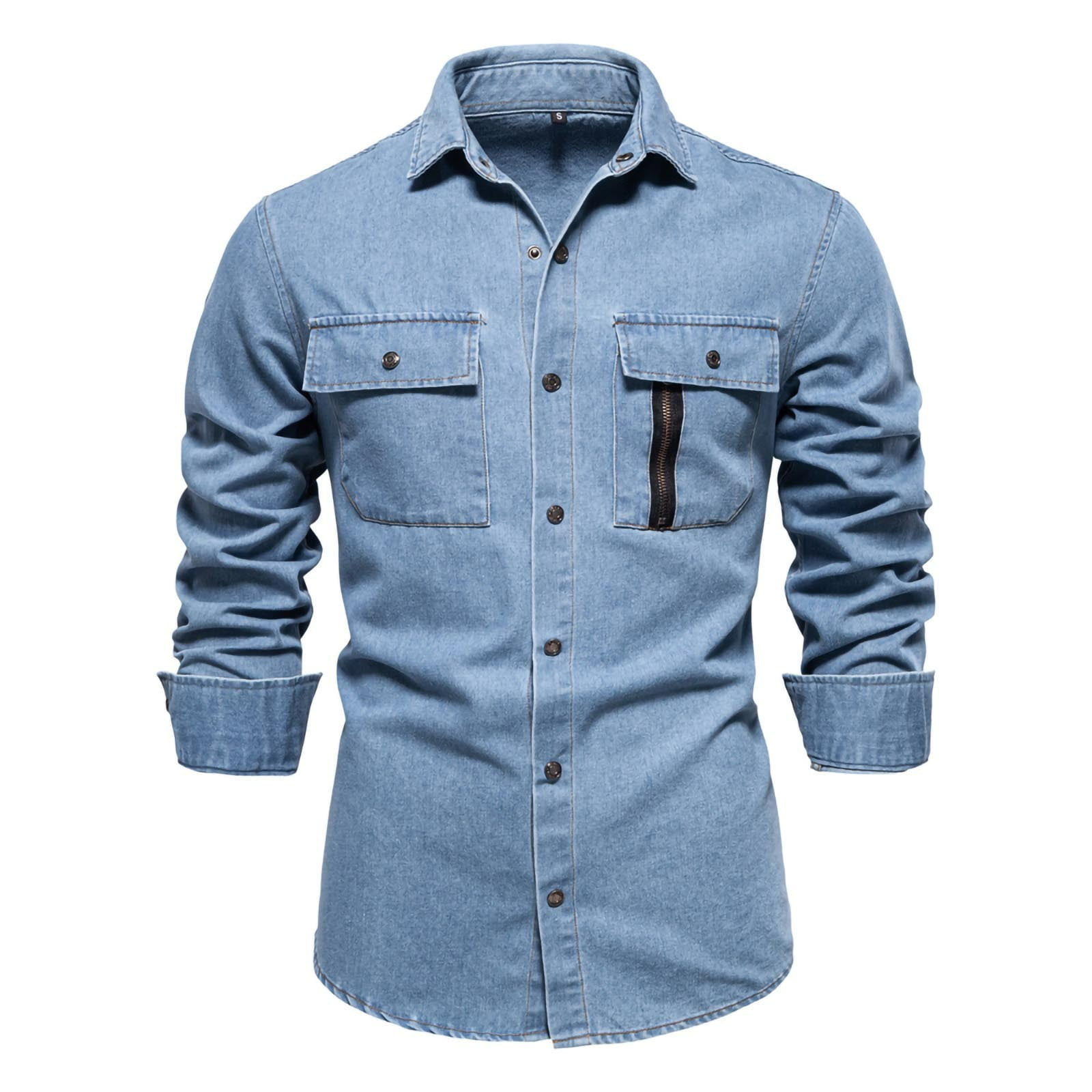 FAVIPT Men's Denim Shirt Long Sleeve Button Down Shirt Lapel Jean Shirt ...