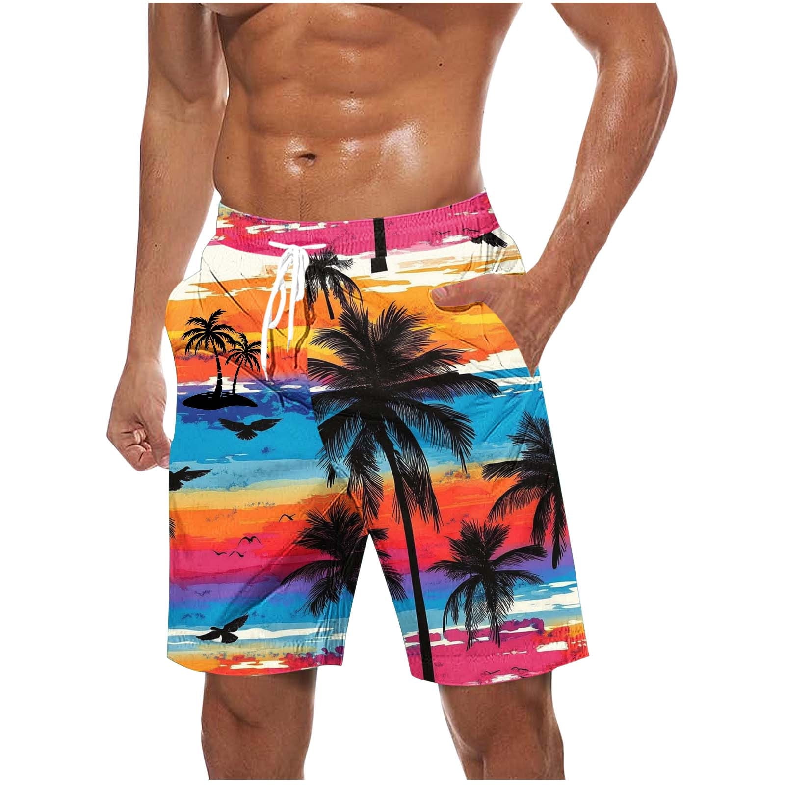 FAVIPT Men's Hawaiian Beach Shorts Drawstring Stretch Waist Swimtrunks ...