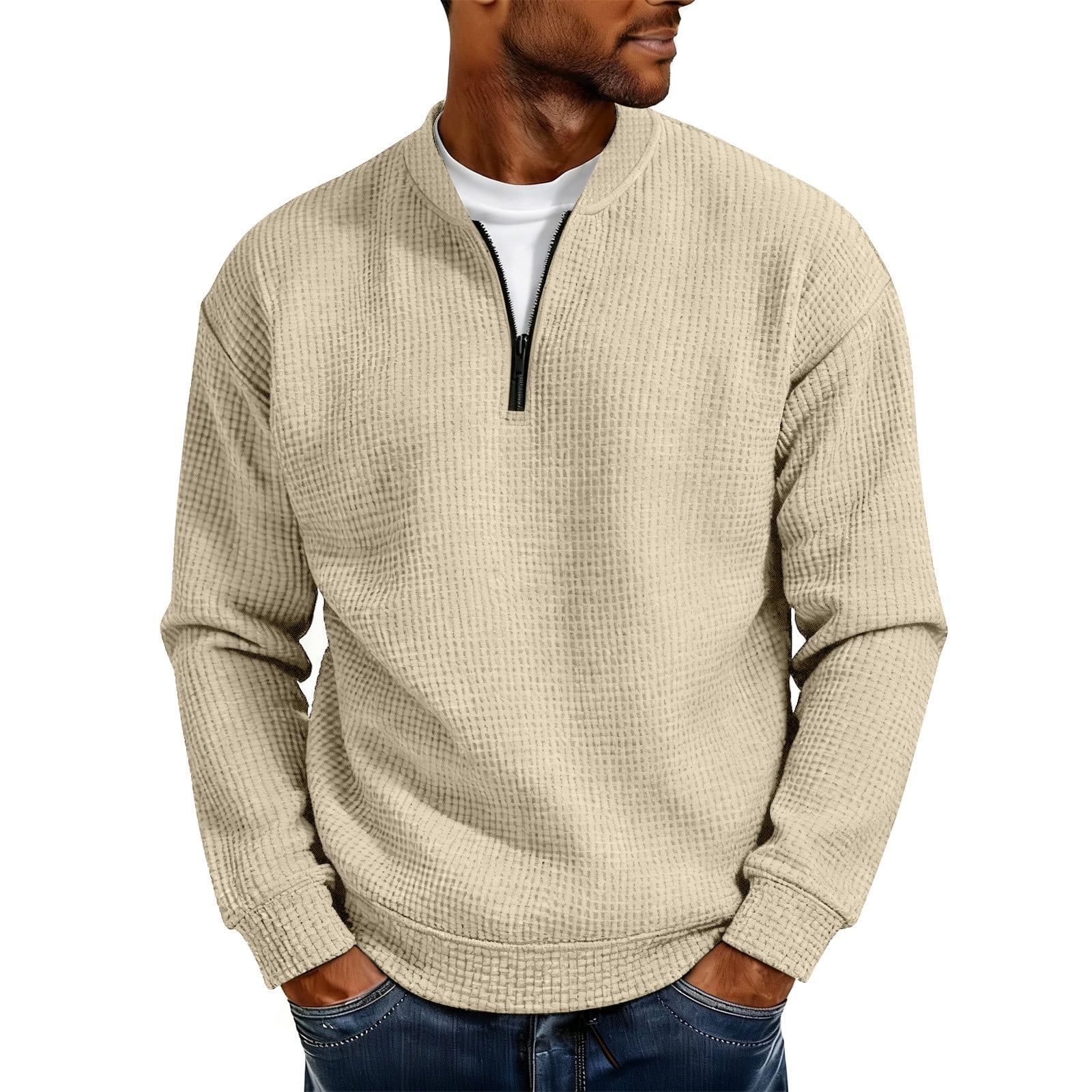 FAVIPT Men's Plain Waffle Knit Pullover Quarter Zipper Round Neck ...