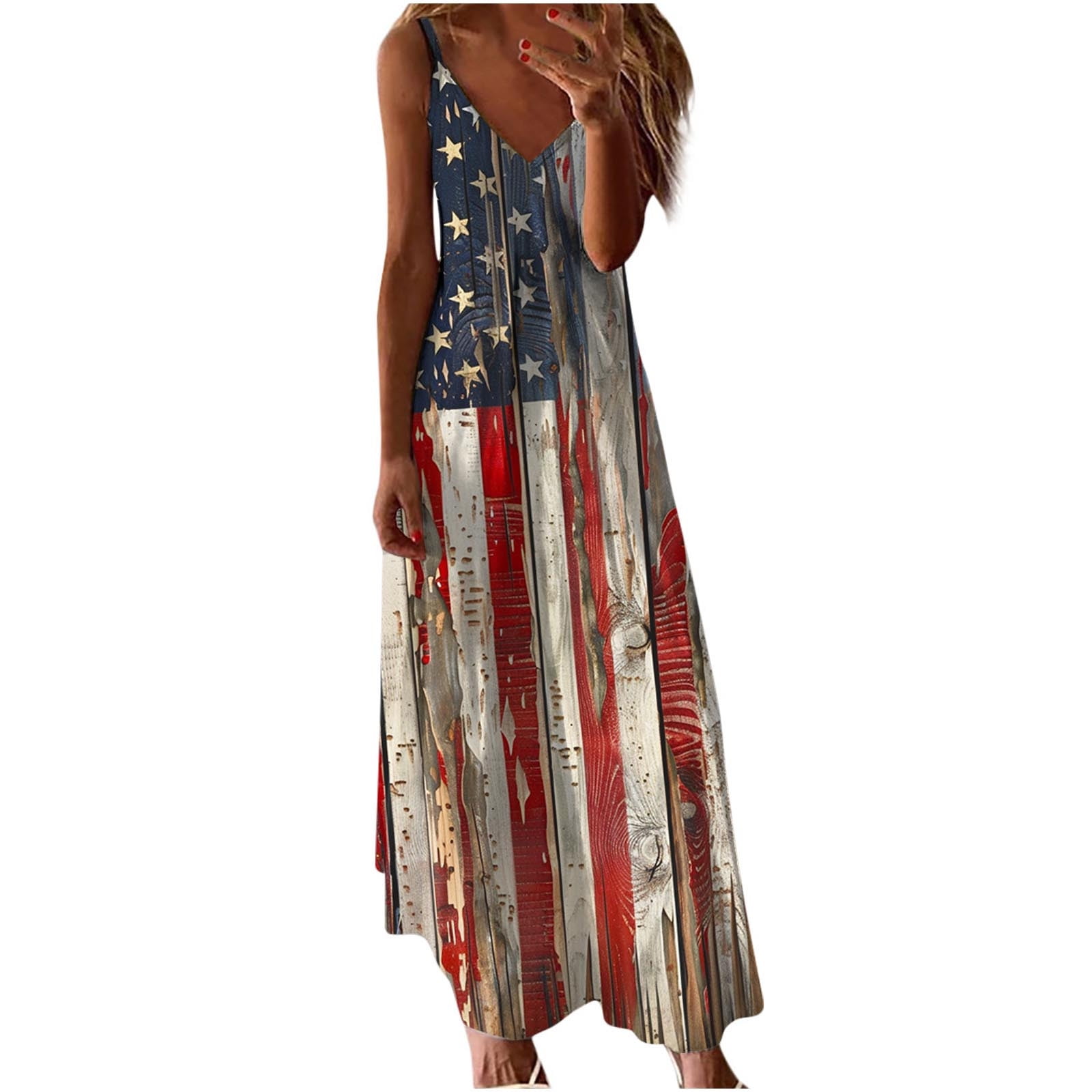 FAVIPT Patriotic Sun Dress for Women Stars And Stripes Print Maxi ...