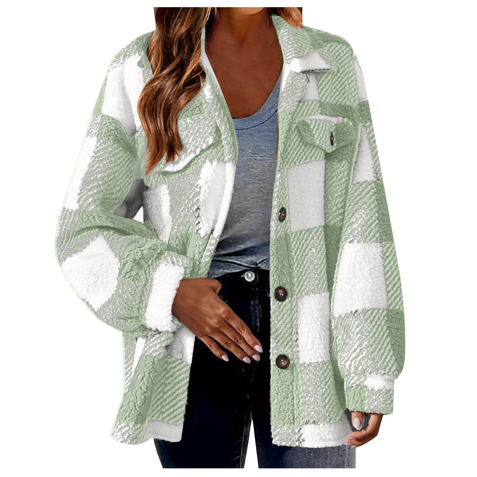 FAVIPT Plaid Fall Jacket Women,Womens Fleece Plaid Jacket 2024 Fuzzy ...