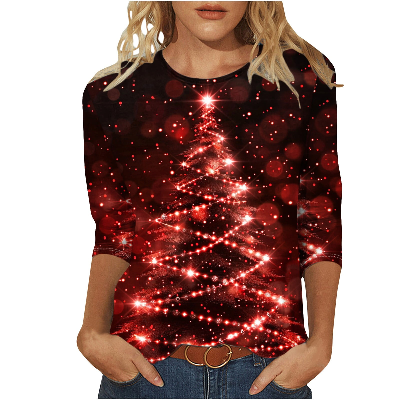 FAVIPT Plus Size Christmas Tops for Women 3/4 Sleeve Glitter Xmas Tree ...