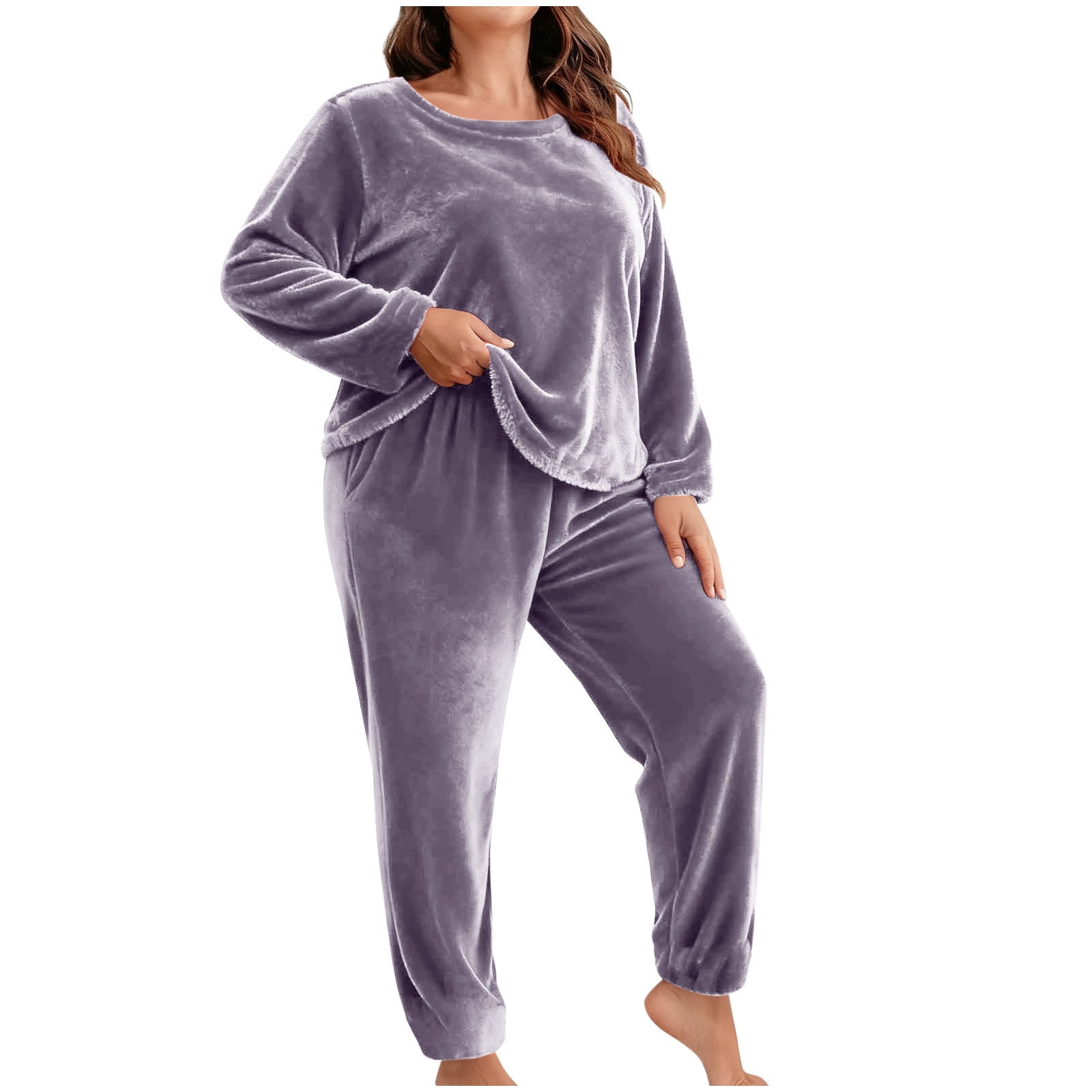 FAVIPT Plus Size Pajamas for Women Crew Neck Long Sleeve Plain ...