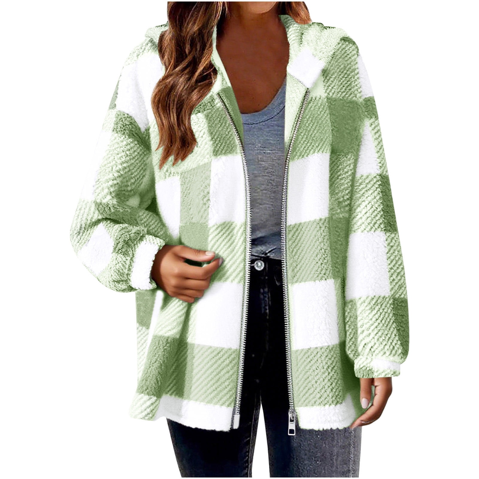 FAVIPT Plus Size Plaid Hoodie Jacket for Women Zipper Long Sleeve ...