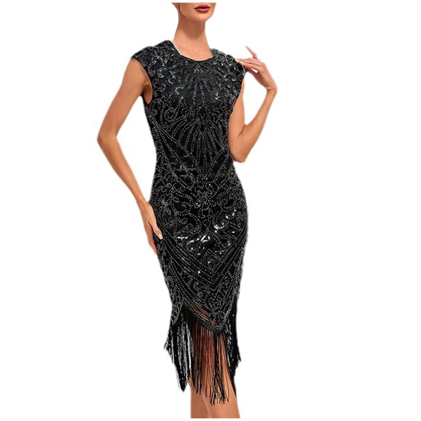 FAVIPT Sequin Dress for Women Party Sparkly Sleeveless Mini Tassel ...