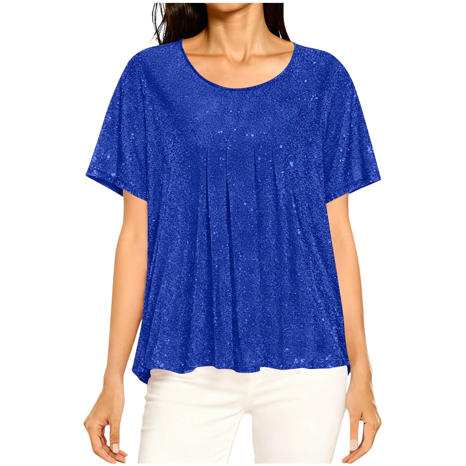 FAVIPT Shiny Pleated Tops for Women Sparkly Round Neck Short Sleeve ...