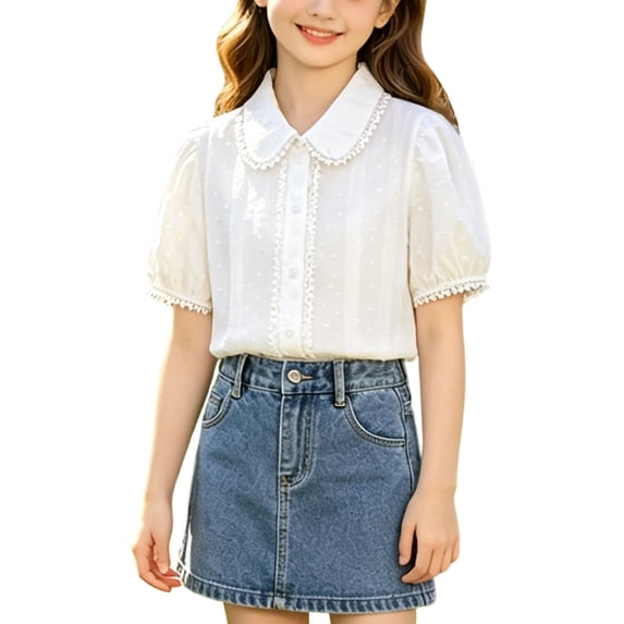 FAVIPT Shirt Girls Summer Cotton Lace Trim Collared Puff Short Sleeve ...