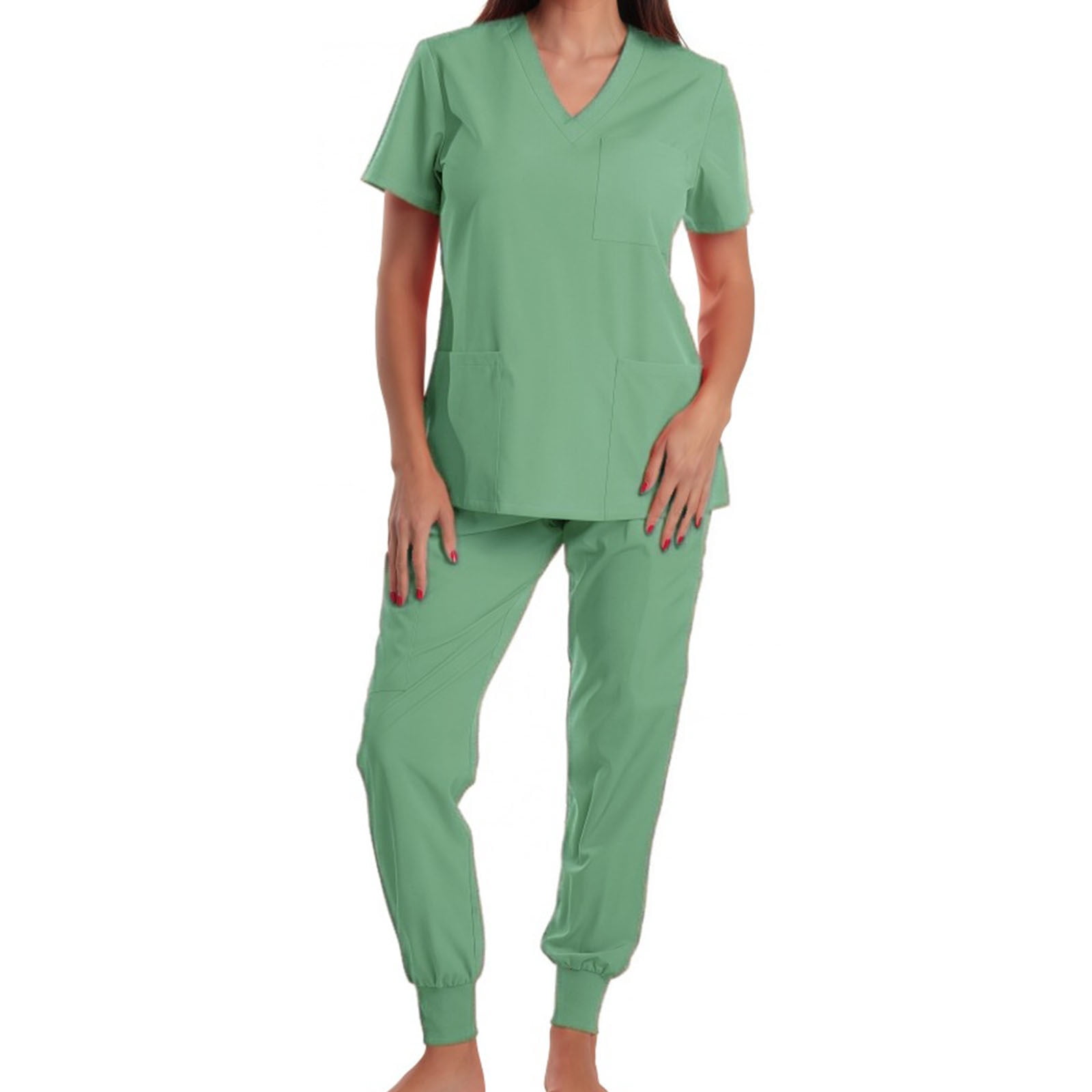 FAVIPT Stretch Scrubs Set for Women V-Neck Short Sleeve Top Elastic ...