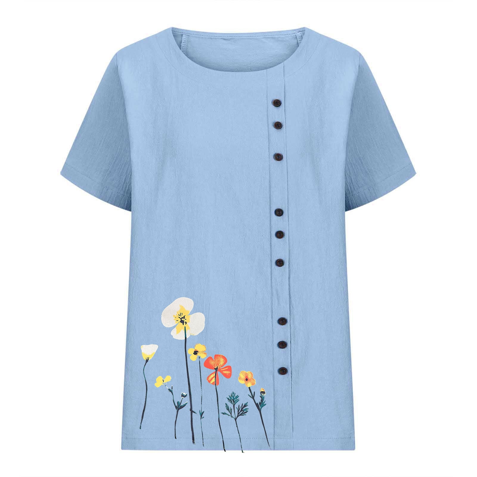 FAVIPT Summer Linen Tops Bohemian Floral Print Soft Blouses Crew Neck ...