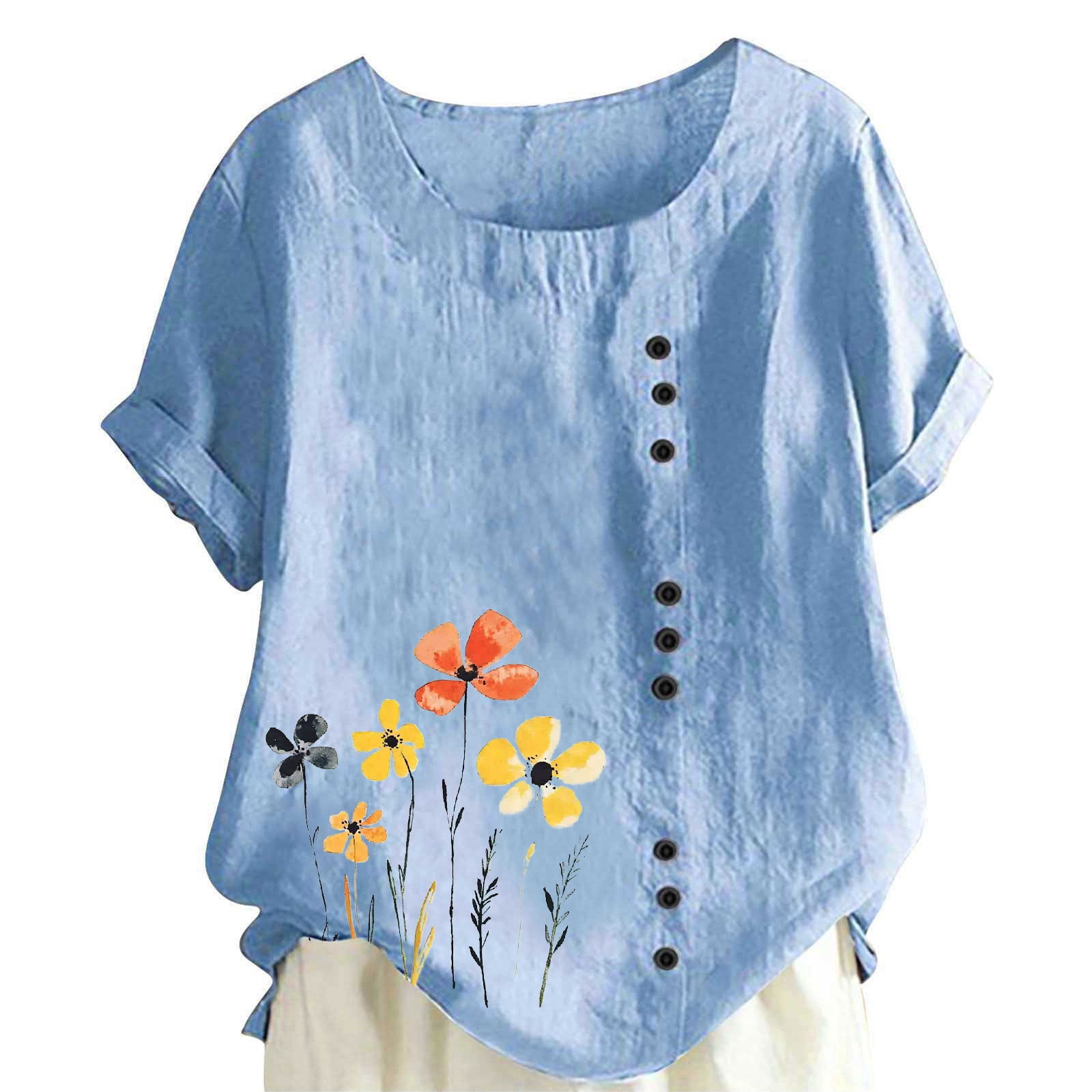 FAVIPT Summer Linen Tops for Women 2025 Crew Neck Button Up Shirts ...