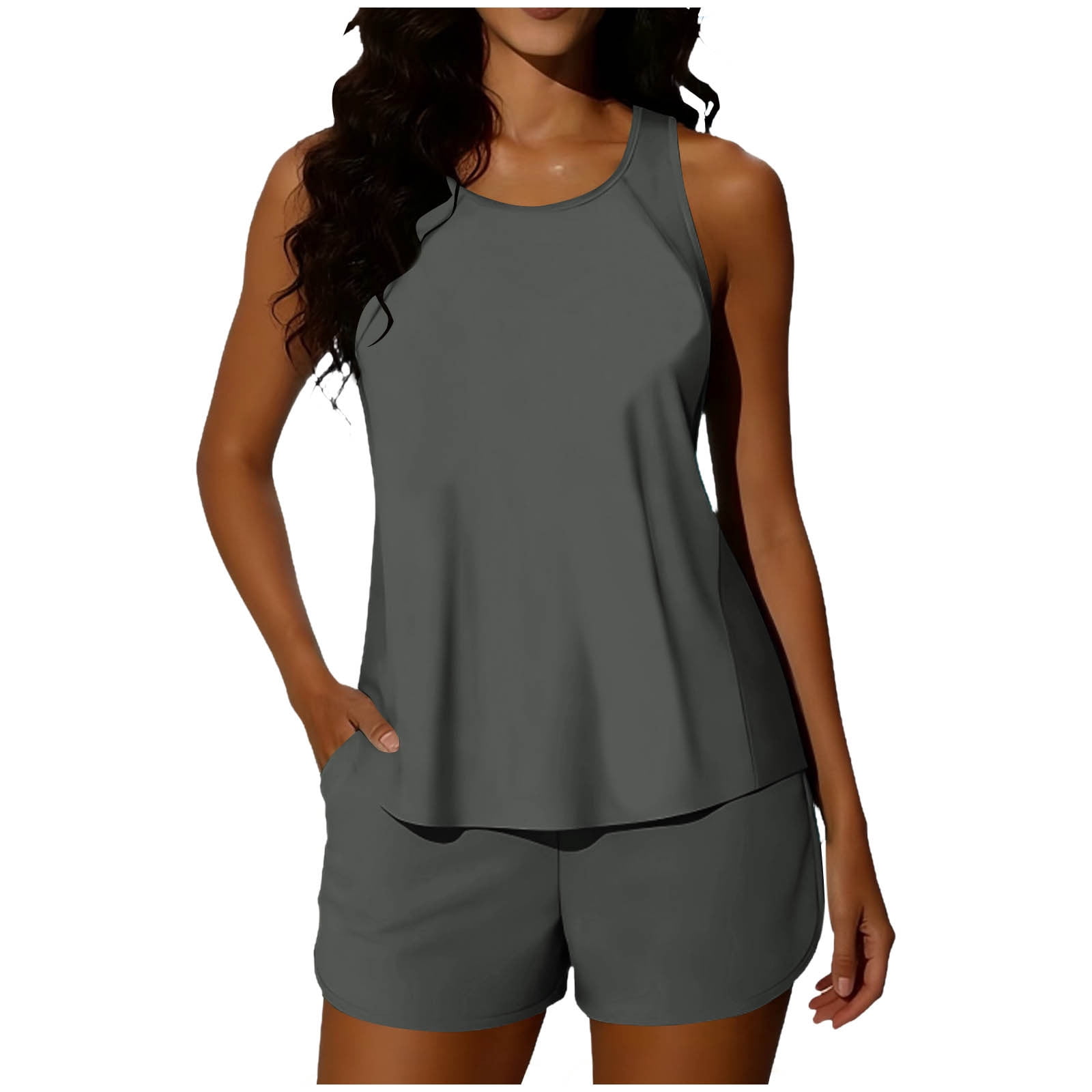 FAVIPT Tummy Control Swimsuit for Women Casual Plain Tankini Swim Set ...