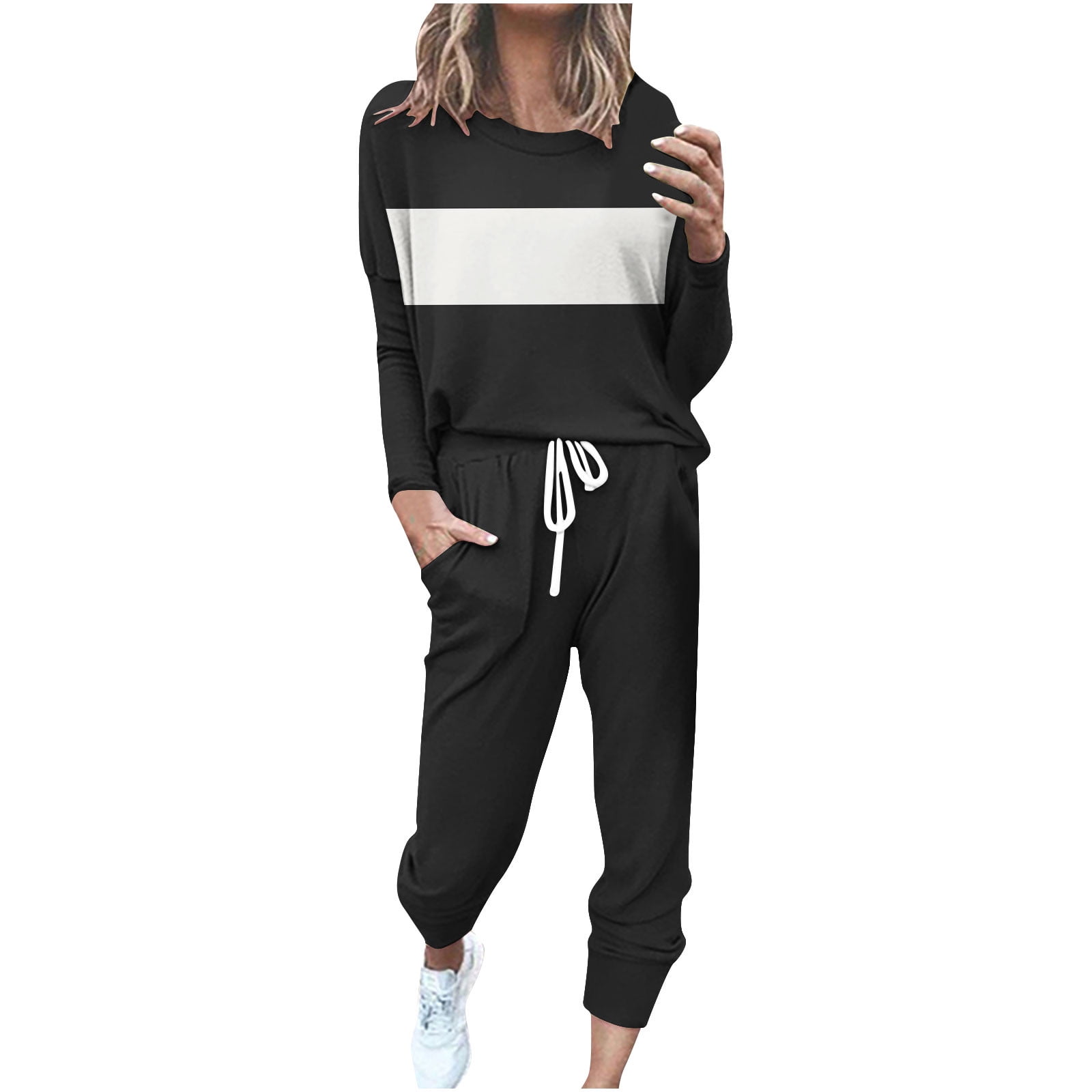 FAVIPT Two Piece Jogger Sets for Women Color Block Tracksuit Lounge Set ...