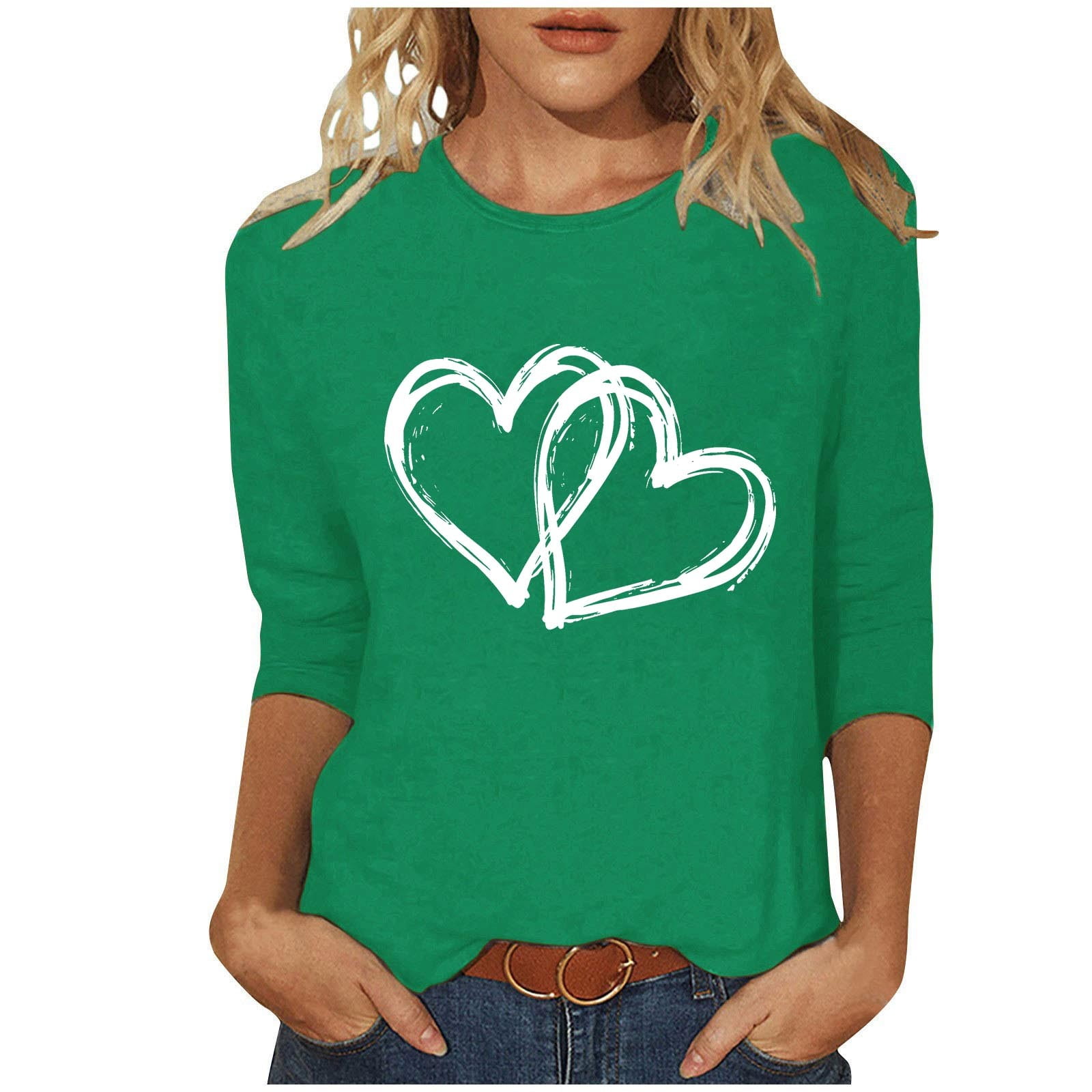 FAVIPT Valentine's Blouse for Women Cute Love Heart Print Graphic Tees T-Shirt 3/4 Length Sleeve ...