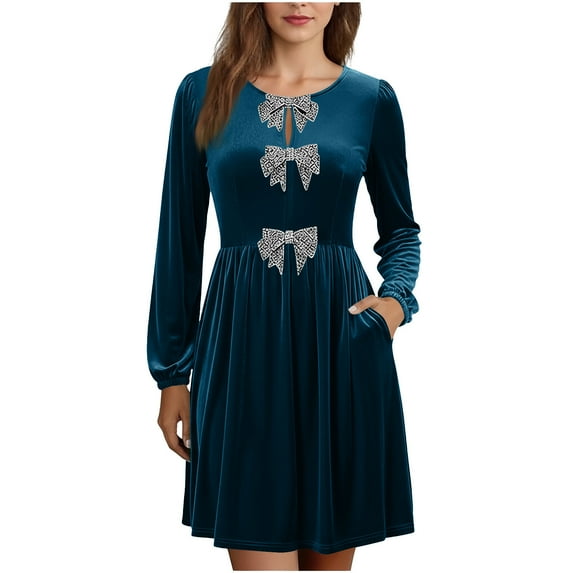 FAVIPT Velvet formal Dresses for Women Three Bows Long Sleeve Pleated ...