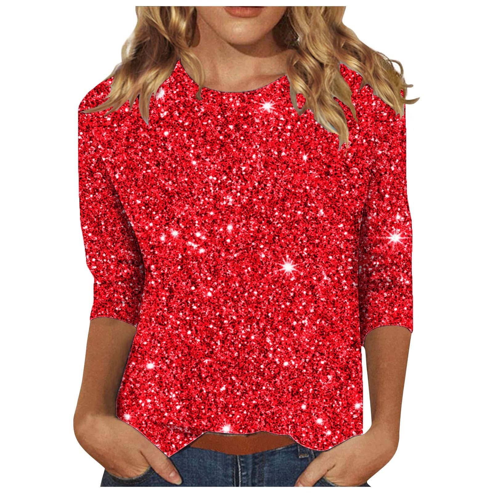 FAVIPT Women 3/4 Sleeve Tops 2024 Sparkly Sequin Print Crewneck Tee ...