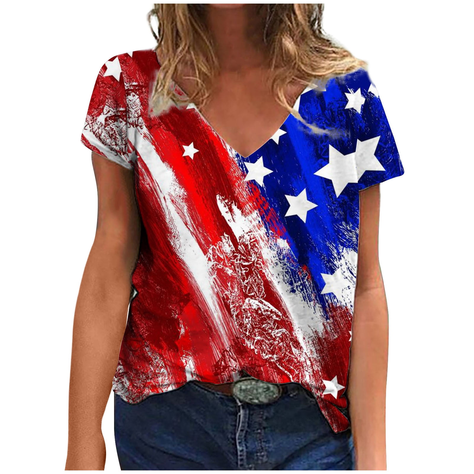 FAVIPT Women American Flag Shirt Short Sleeve V Neck Blouses Stars and ...