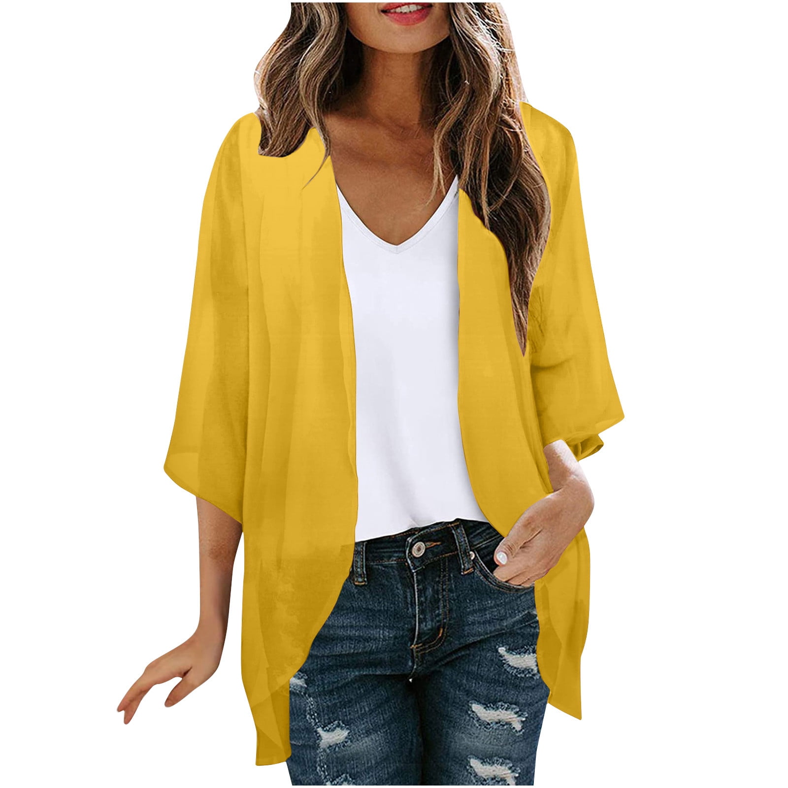 FAVIPT Women Chiffon Kimono Cardigan,Solid Color Dressy 3/4 Sleeve ...