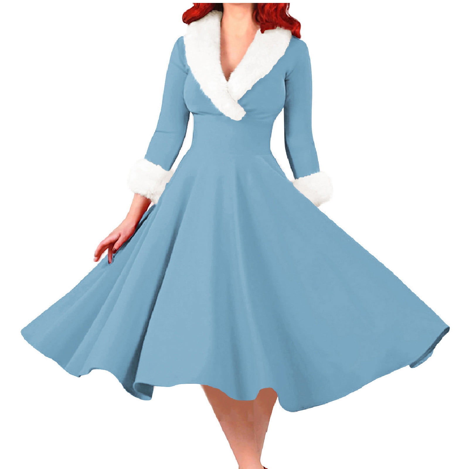 FAVIPT Women Christmas Dresses Winter Retro Furry Wrap V Neck Long Sleeve Rockabilly Tea Party ...