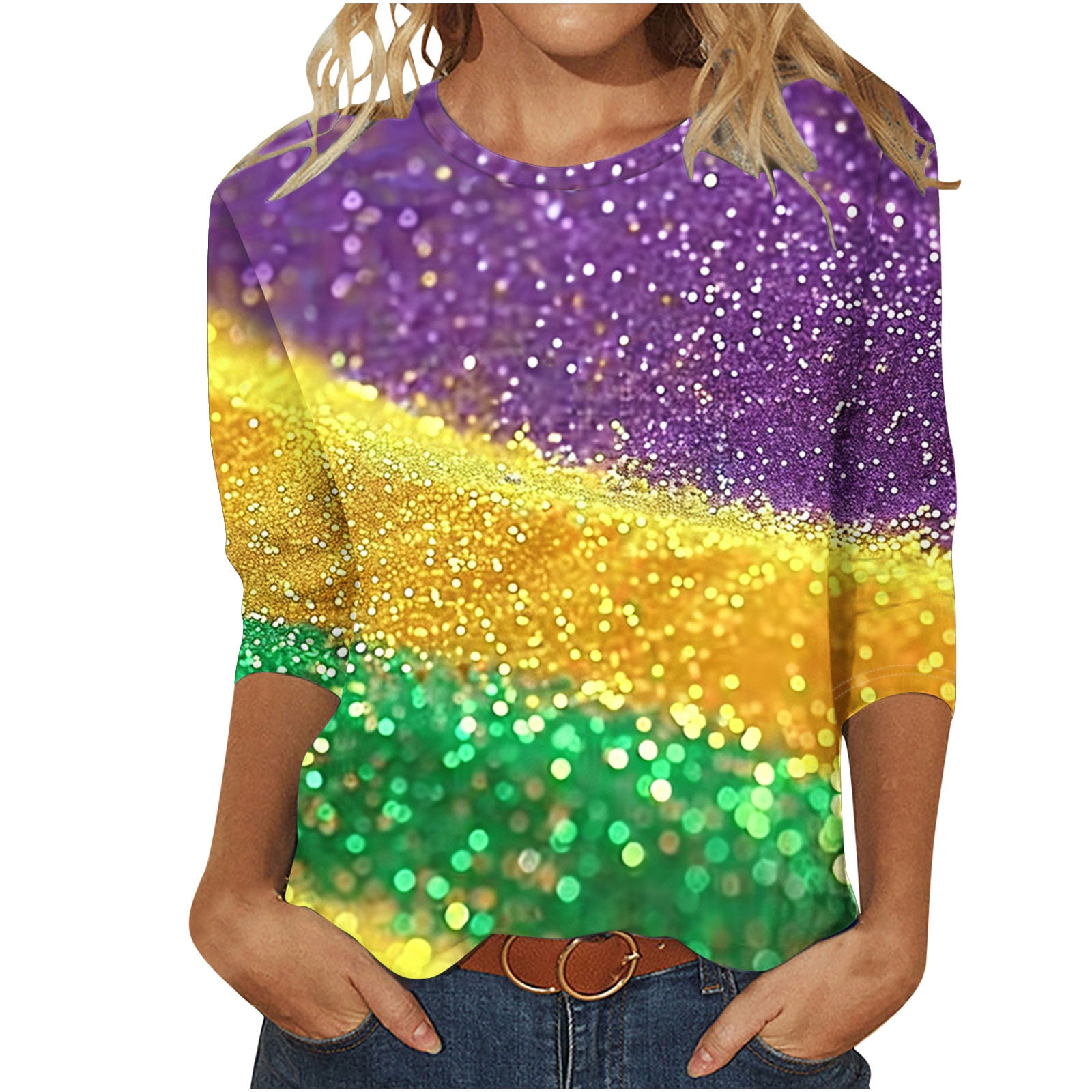 FAVIPT Women Mardi Gras Shirts 3/4 Sleeve Color Block Graphic Blouse ...