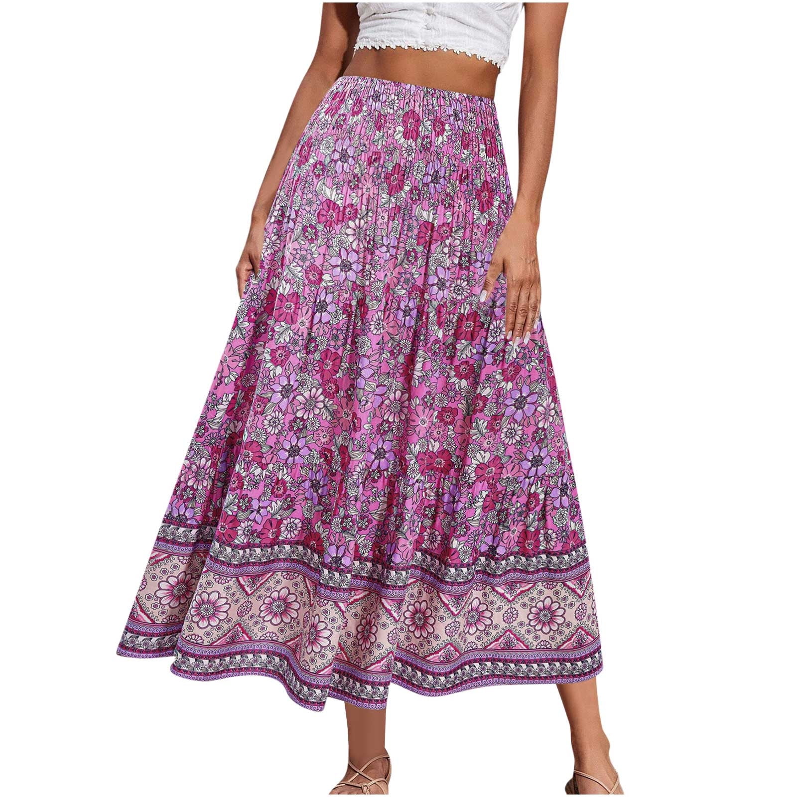 FAVIPT Women's Boho Maxi Skirts High Waist A Line Skirts Flowy Vintage ...