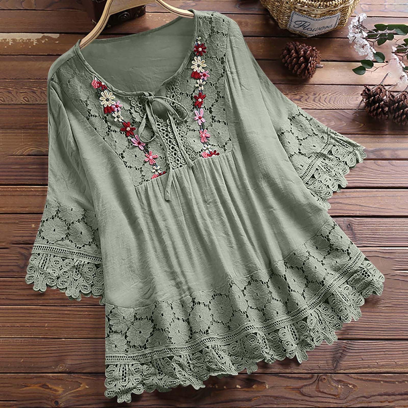 FAVIPT Women's Boho Plus Size Tops Floral Lace Crochet V Neck Shirts 3/ ...