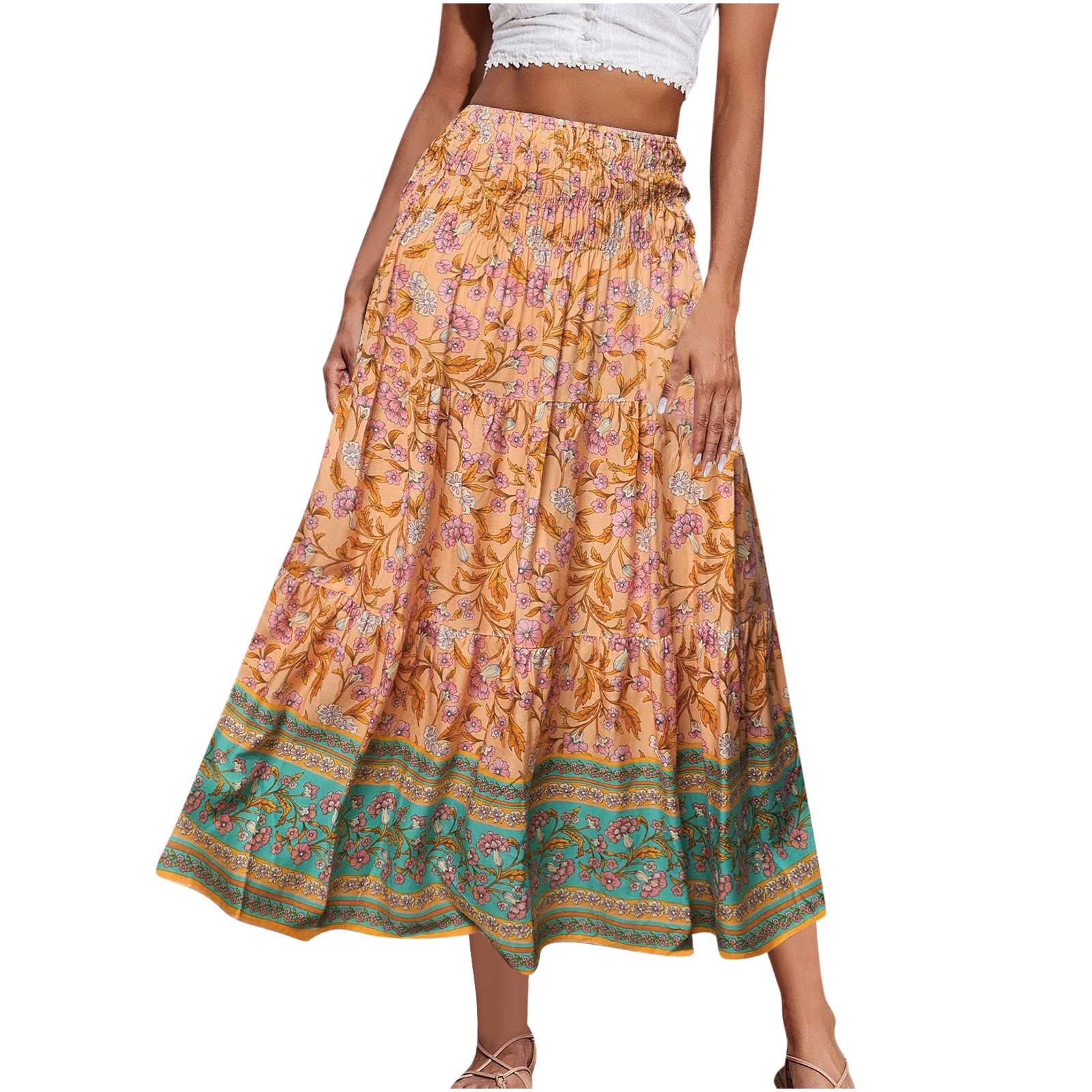 FAVIPT Women's Boho Skirts High Waist A Line Maxi Skirts Flowy Vintage ...