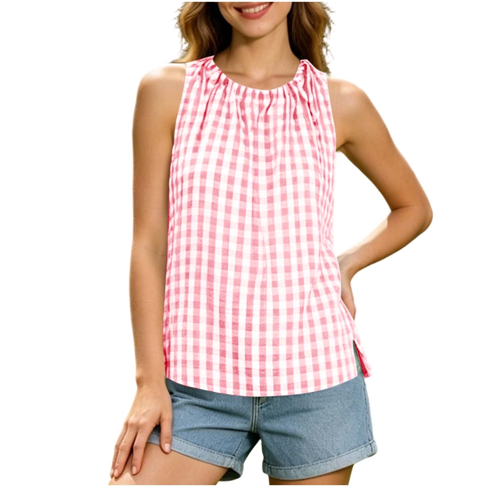 FAVIPT Women's Cotton Sleeveless Tops Crew Neck Gingham Loose Soft Tank ...