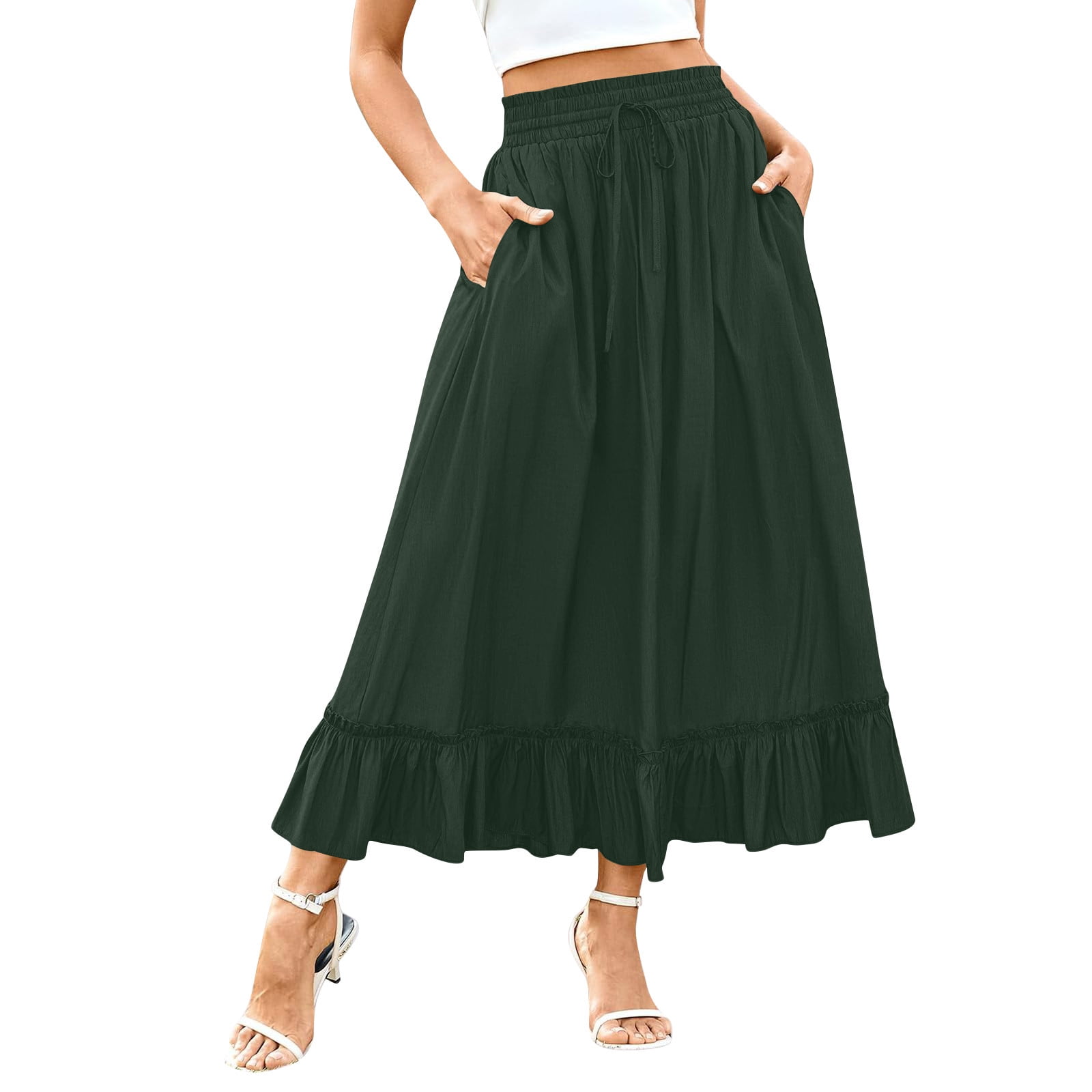 FAVIPT Women's Drawstring Midi Skirt Boho Tiered High Waist Outfits A ...