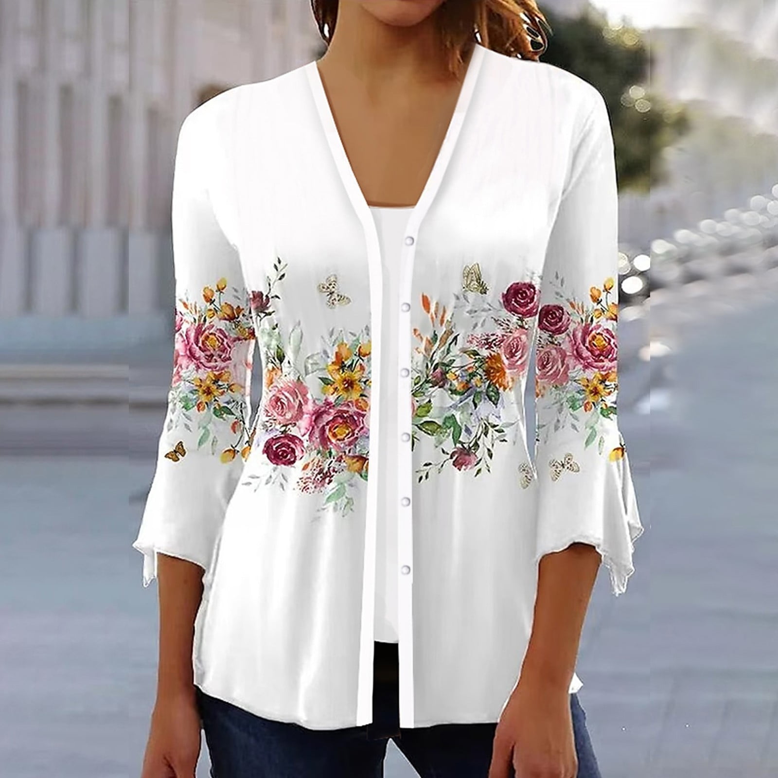 FAVIPT Women's Floral Printed Bell 3/4 Sleeve Cardigan Lightweight Open ...