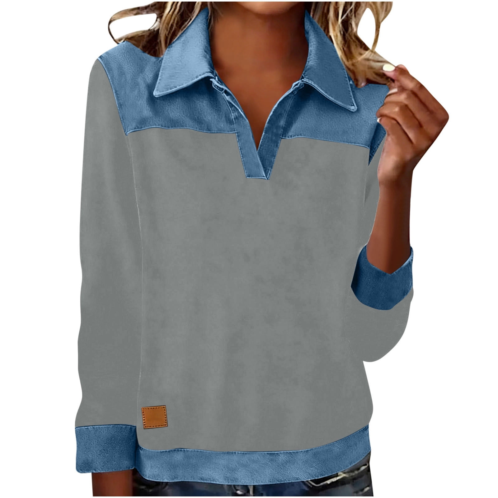 FAVIPT Women's Lapel V Neck Sweatshirt Denim Patchwork Long Sleeve ...