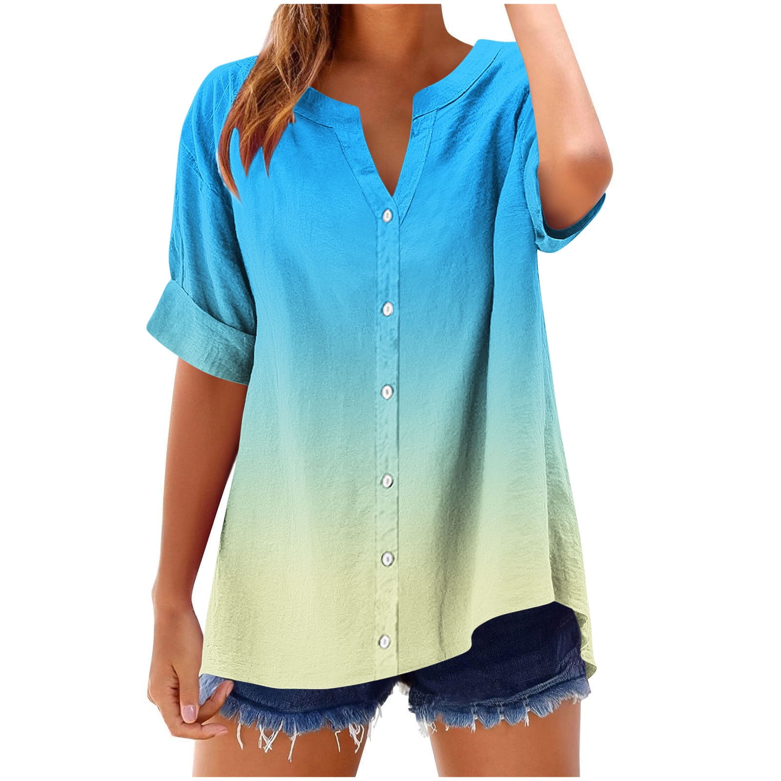 FAVIPT Women's Linen Tops Gradient Print Button Up Shirts Short Sleeve ...