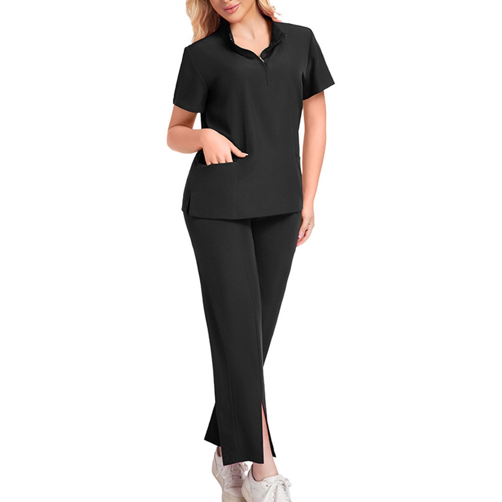 FAVIPT Women's Medical Nursing Uniform Set Mock Neck 1/4 Zip Split Top ...