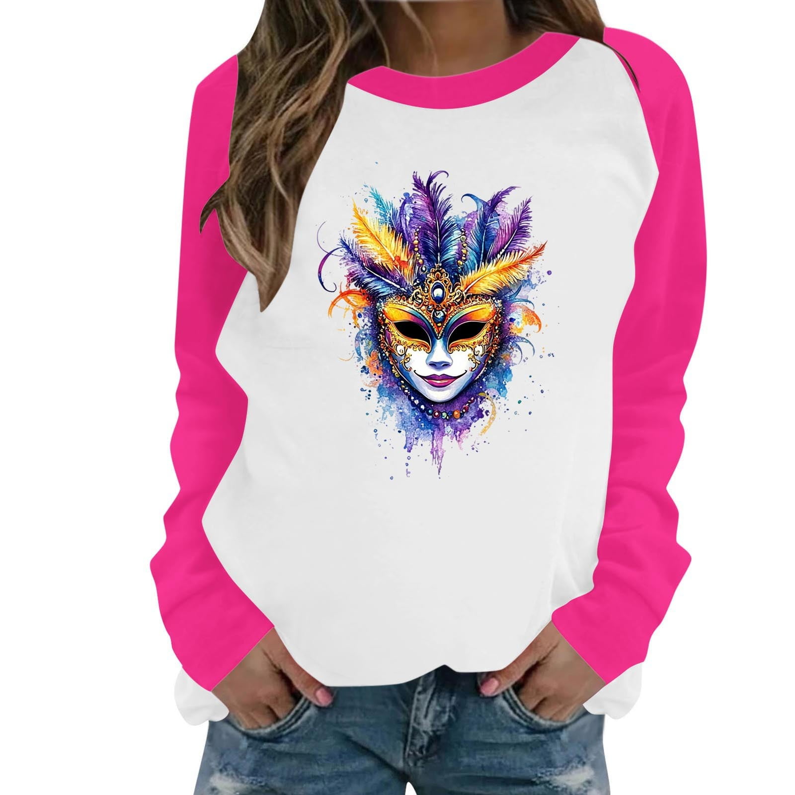 FAVIPT Women's Plus Size Casual Shirts Mardi Gras Mask Graphic Carnival ...