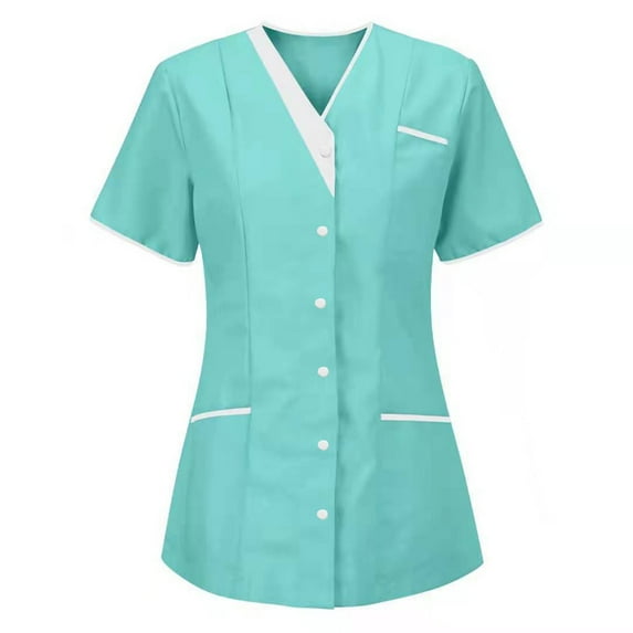 FAVIPT Women's Short Sleeve Nurses Top Baggy Button Down V-Neck Shirts ...