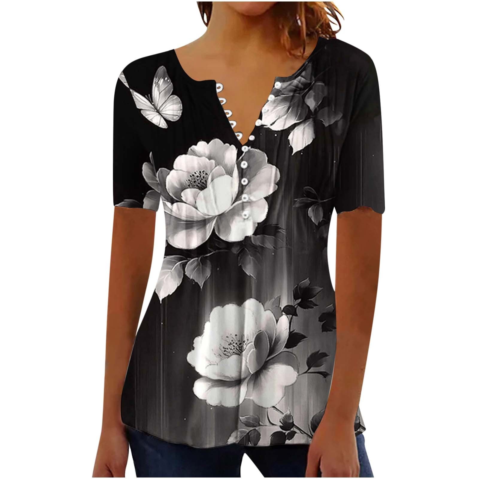 FAVIPT Women's Short Sleeve Summer Tops Button Up V Neck Tops Vintage Floral Print Boho Soft ...