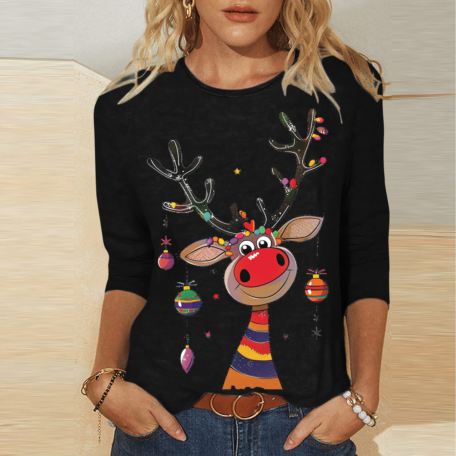 FAVIPT Womens Christmas 3/4 Sleeve Tops Crewneck Tees Cute Reindeer ...