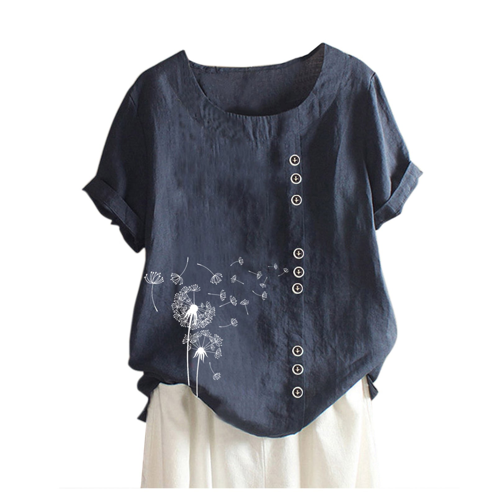 FAVIPT Womens Cotton Summer Tops 2025 Button Down Round Neck Blouses ...