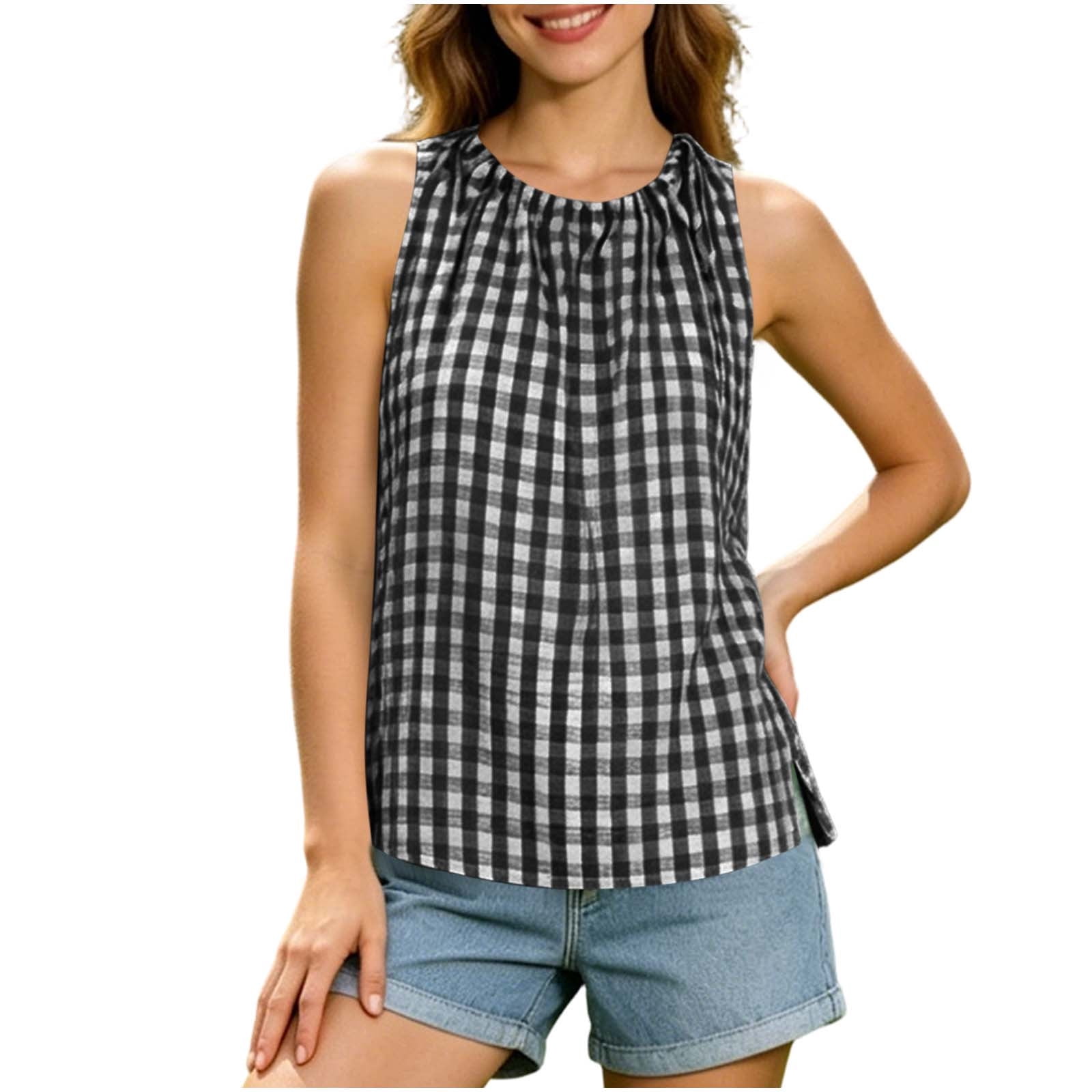 FAVIPT Womens Gingham Tank Tops Sleeveless Crew Neck Plaid Cotton Tees ...